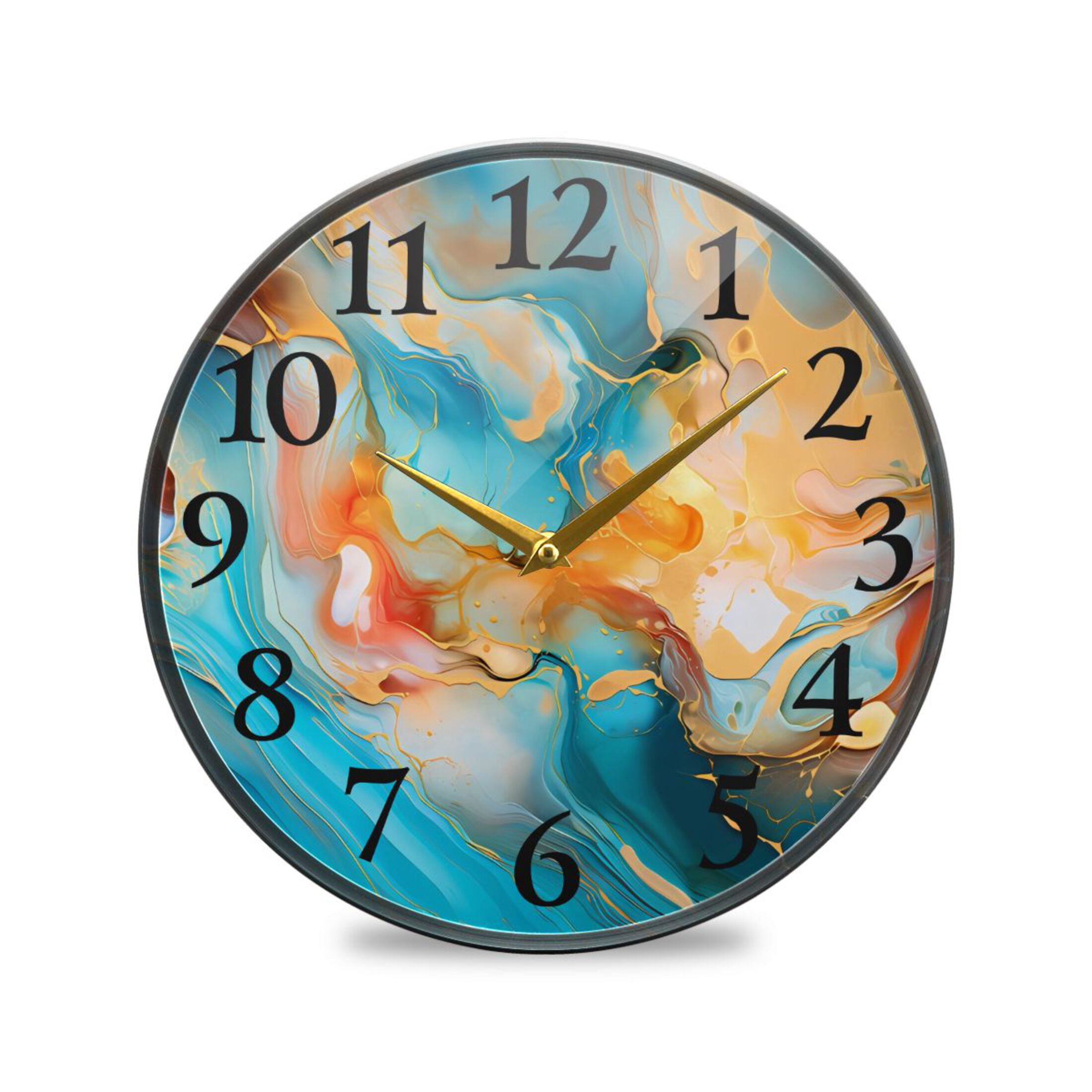 Blue Golden Marble Wall Clocks Battery Operated 11.9 Inch Round Clock ...