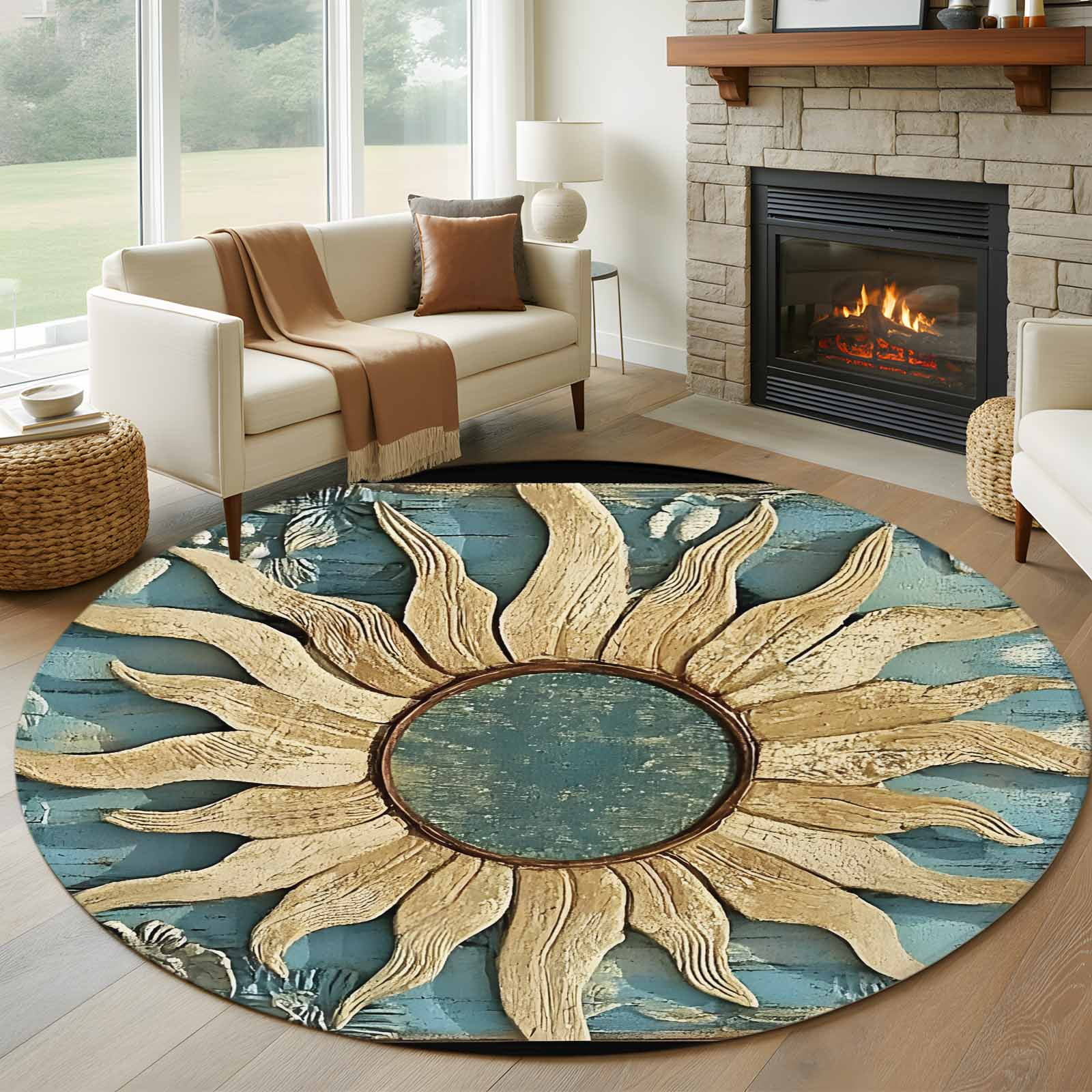 Blue Golden Sun Round Area Rug 5 FT, Non Slip Bedroom Rugs, Vintage ...