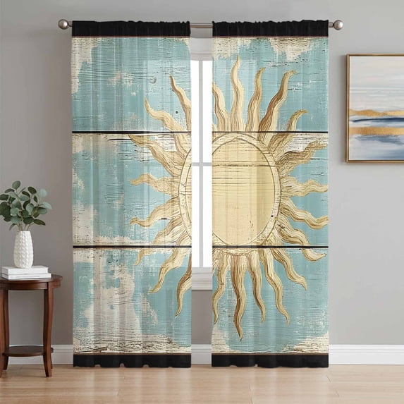 Blue Golden Sun Sheer Curtains 63 Inch Length 2 Panels Set, Vintage ...