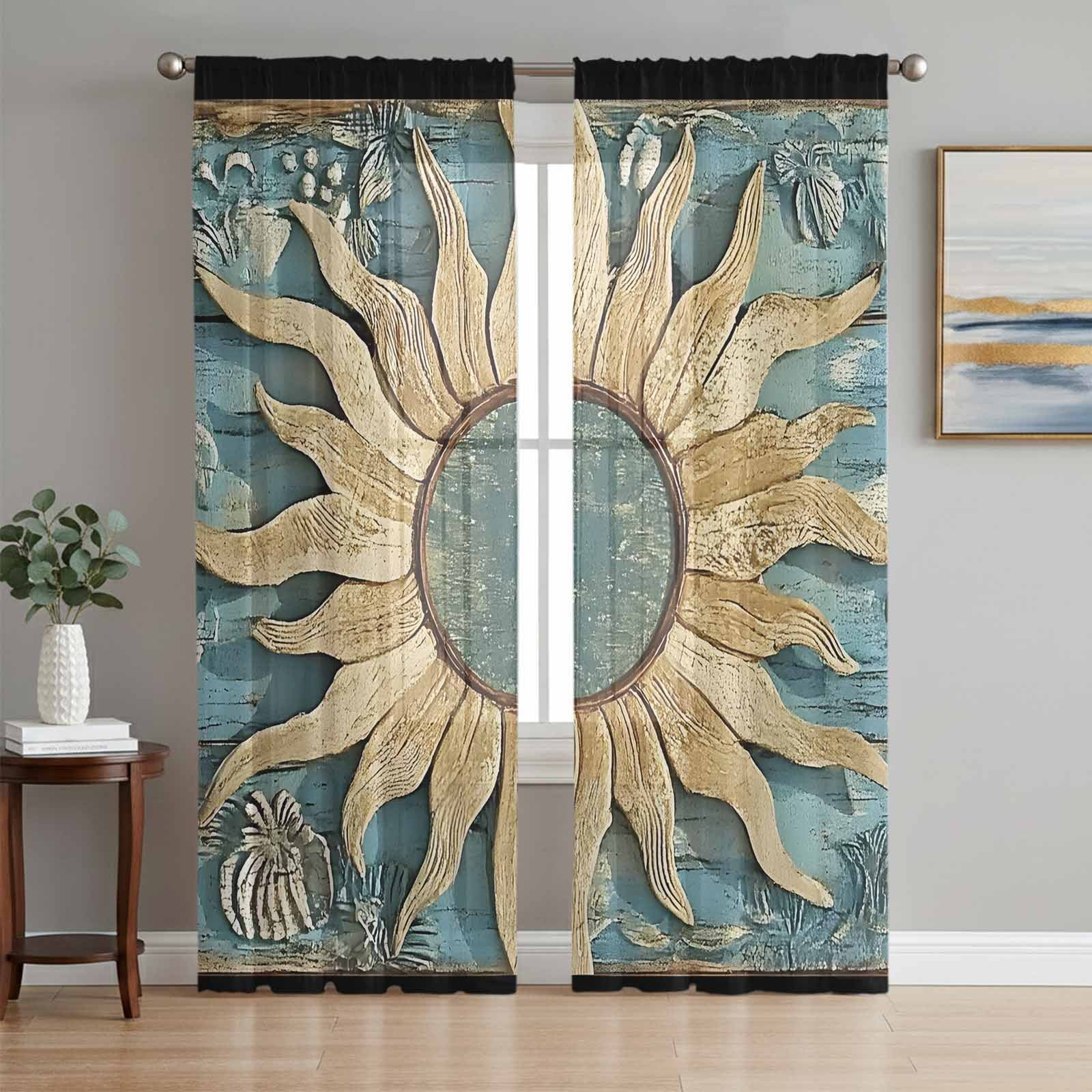 Blue Golden Sun Sheer Curtains 84 Inch Length 2 Panels Set, Vintage ...