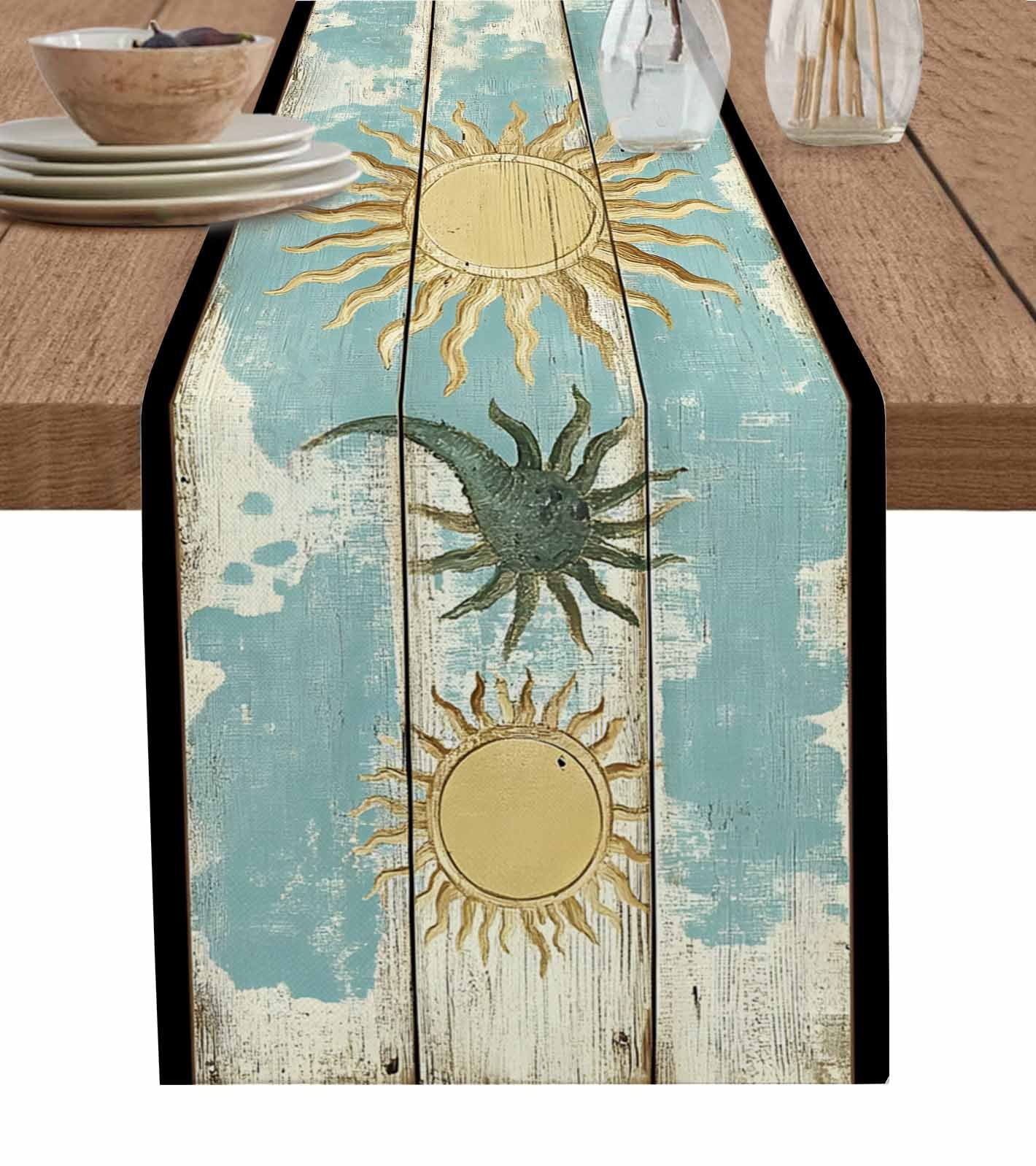 Blue Golden Sun Table Runner 36 Inches, Vintage Abstract Art Wooden Bed ...