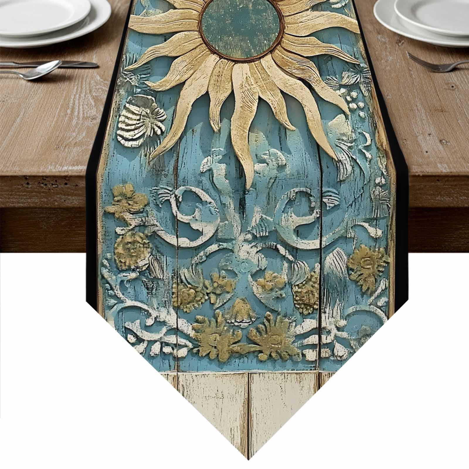 Blue Golden Sun Table Runner Linen Burlap Table Runner 108 Inches Long ...
