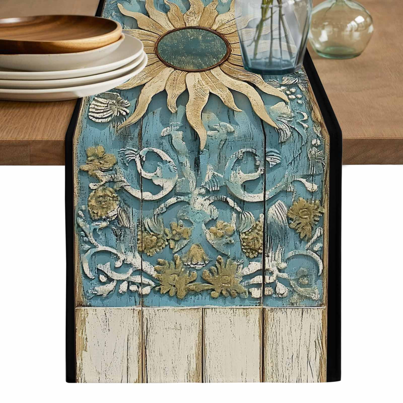Blue Golden Sun Table Runner, Vintage Abstract Art Retro Washable ...