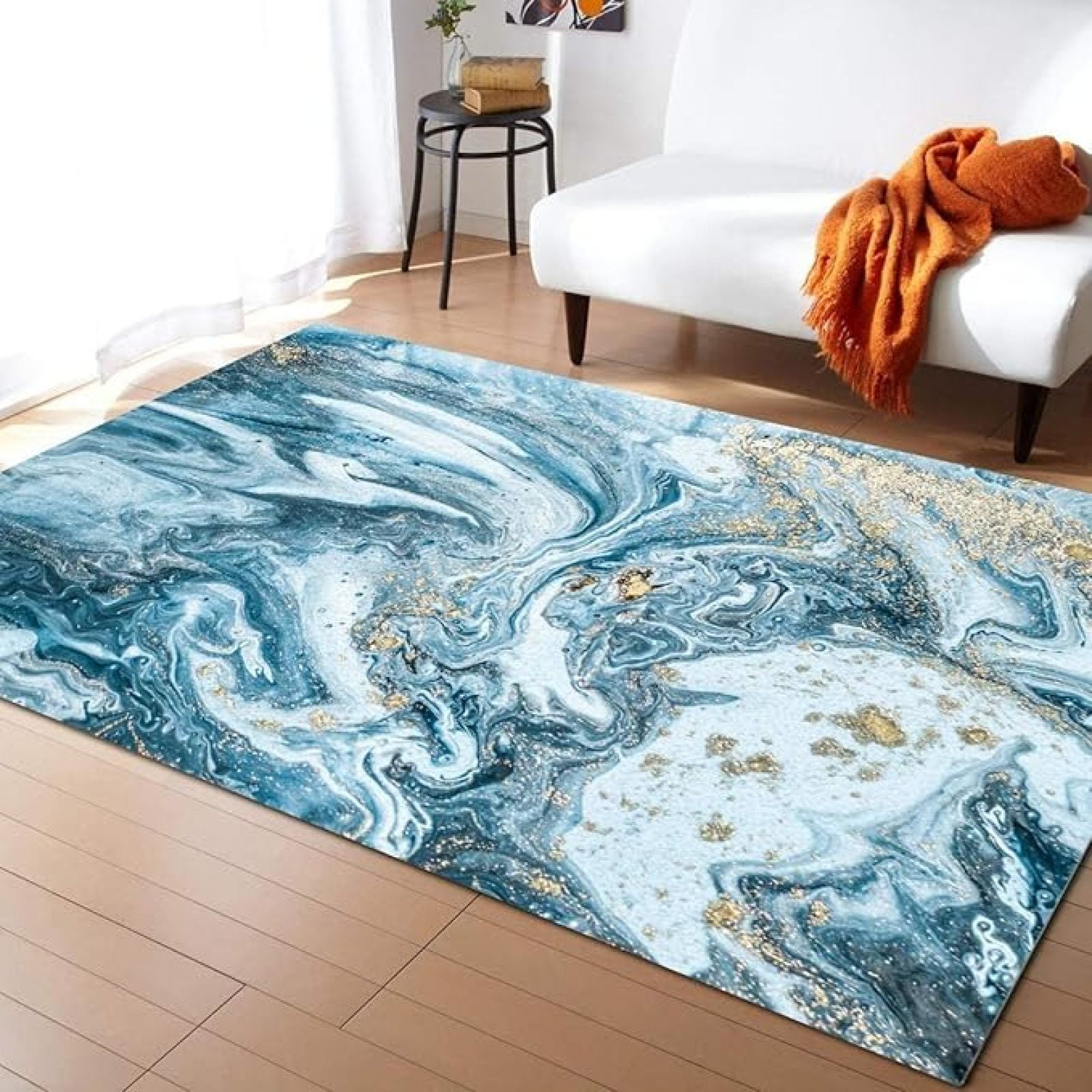 Blue Golden Swirl Marble Area Carpet, Abstract Retro Gradient Texture ...