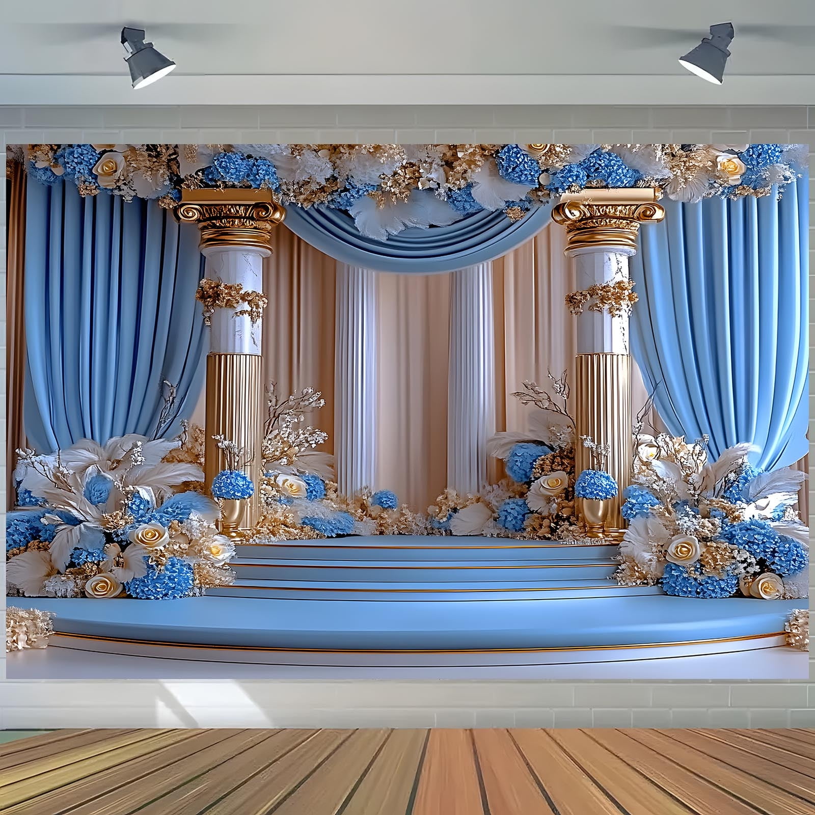 Blue Golden Wedding Backdrop White Blue Flowers Curtain Photography ...