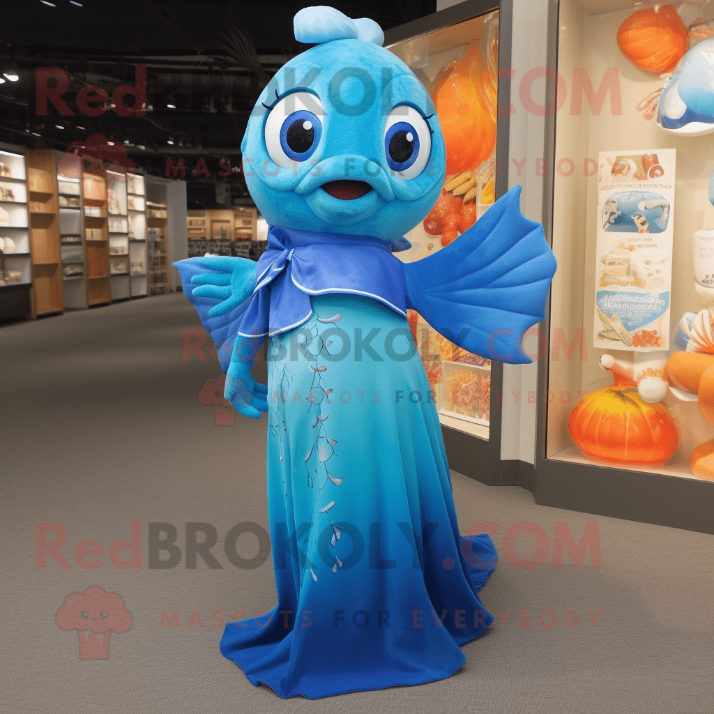 Blue Goldfish REDBROKOLY mascot costume character dressed with a Maxi ...