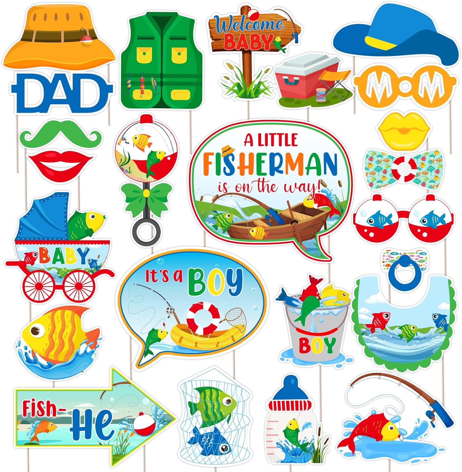Blue Gone Fishing Photo Booth Props for Boy - 24 Pieces Fish Themed ...