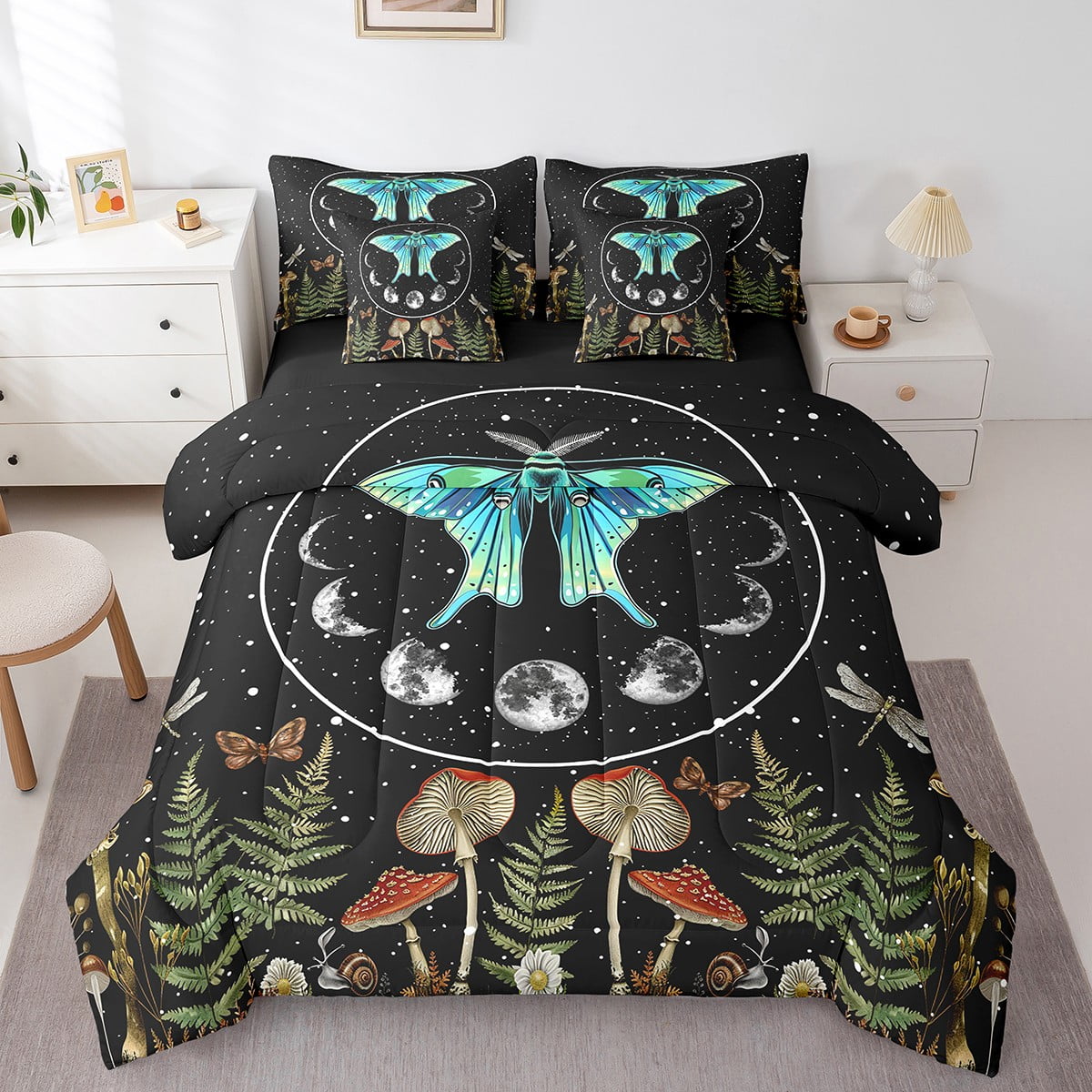 Blue Gothic Moth Comforter Set, Bohemian Trippy Mushroom Bedding ...