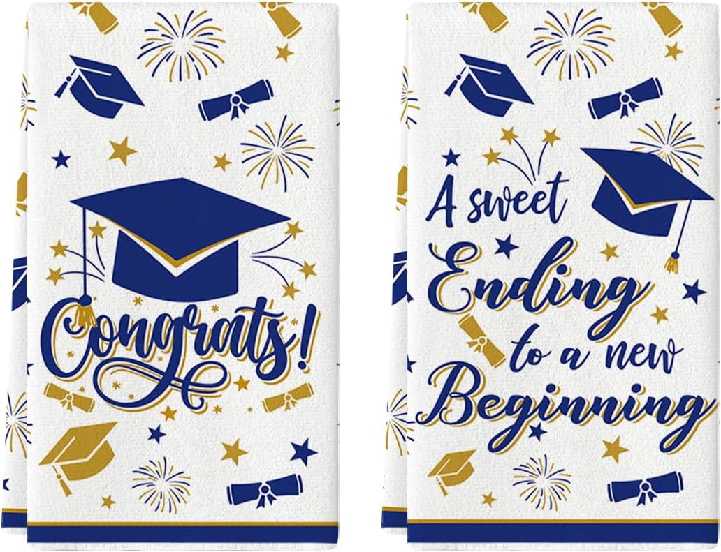 Blue Grad Cap Diploma Firework Congrats Graduation Kitchen Towels Dish ...