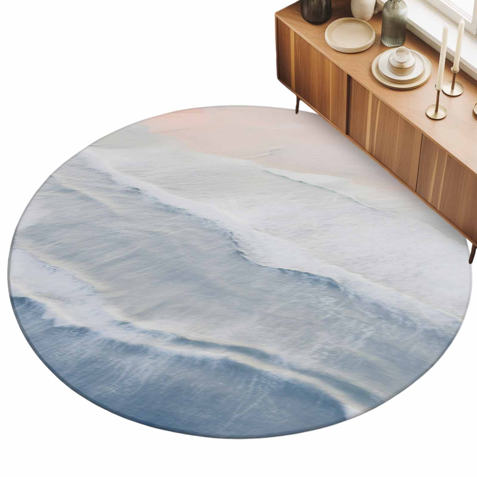 Blue Gradient Area Rug, Sea Waves Sandy Beach Coastal Scenery Non-Slip ...