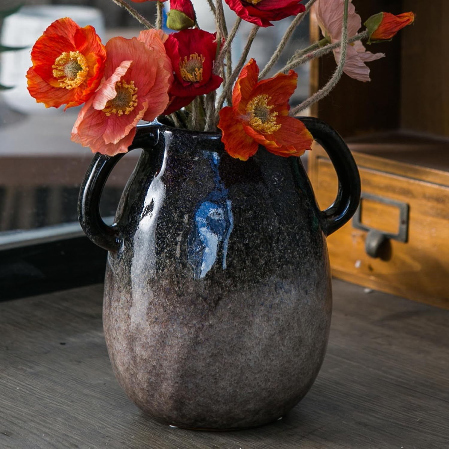 Blue Gradient Ceramic Vase with 2 Handles, Modern Farmhouse Decor ...