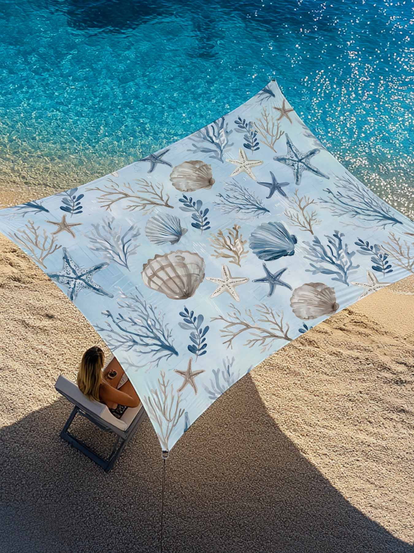 Blue Gradient Coastal Sun Shade Sail 12' x 16', Summer Coral Starfish ...