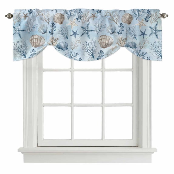Blue Gradient Coastal Tie Up Valance Curtains Summer Coral Starfish ...