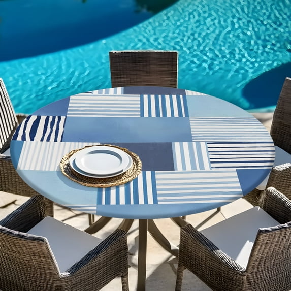Blue Gradient Color Block Collage Art Round Fitted Tablecloth with ...
