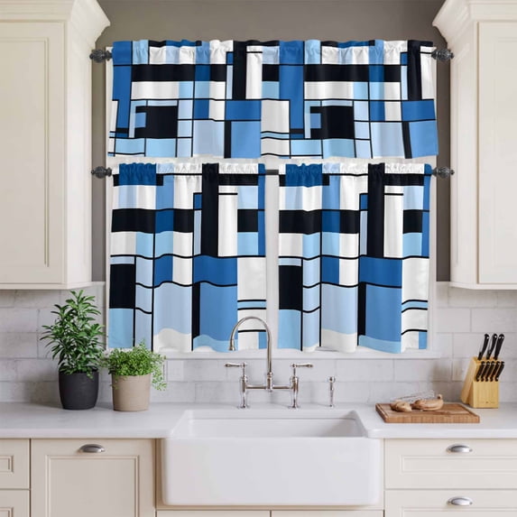 Blue Gradient Color Block Curtain Tier and Valance Set 3 Piece,Abstract ...