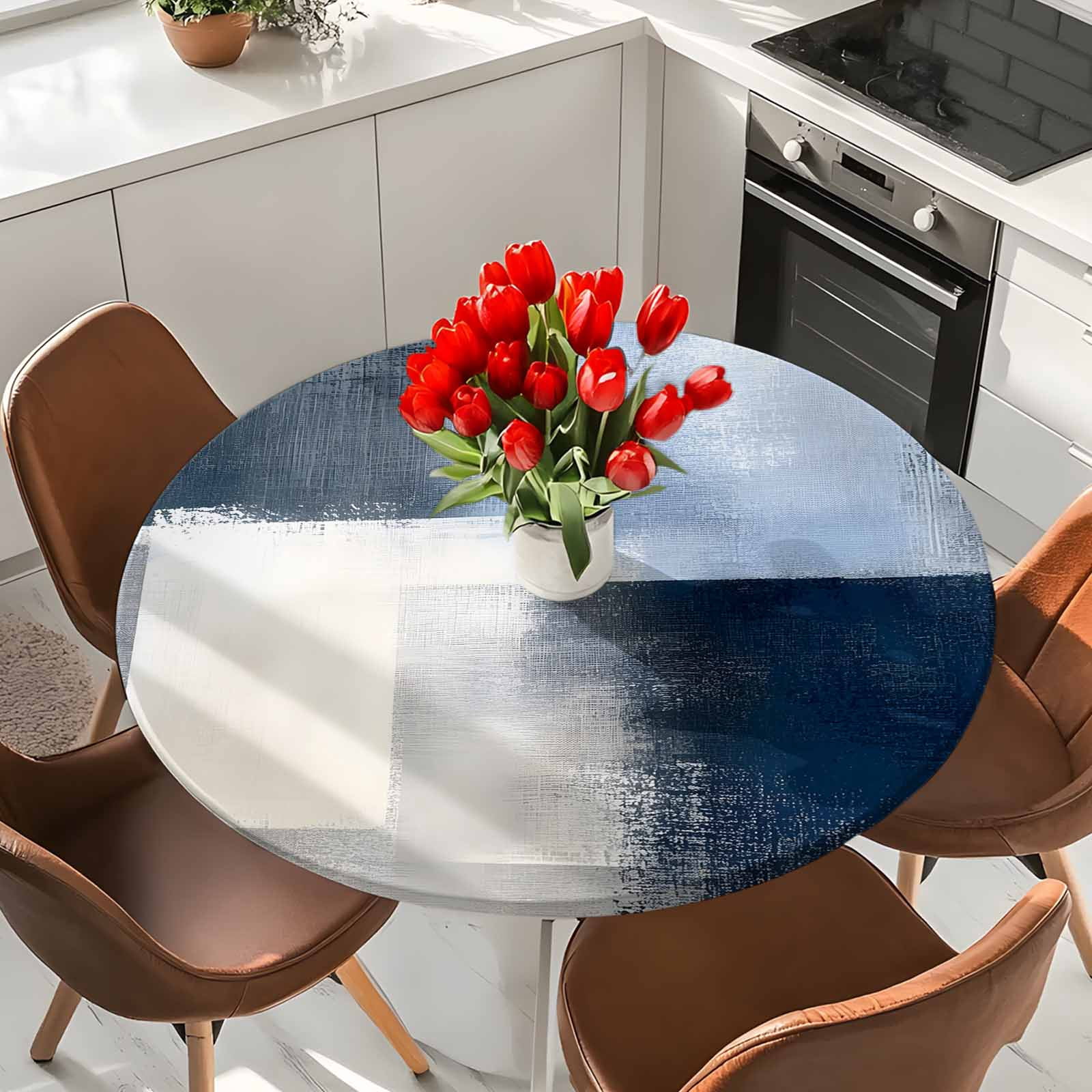 Blue Gradient Color Block Round Fitted Tablecloth with Elastic Edge ...