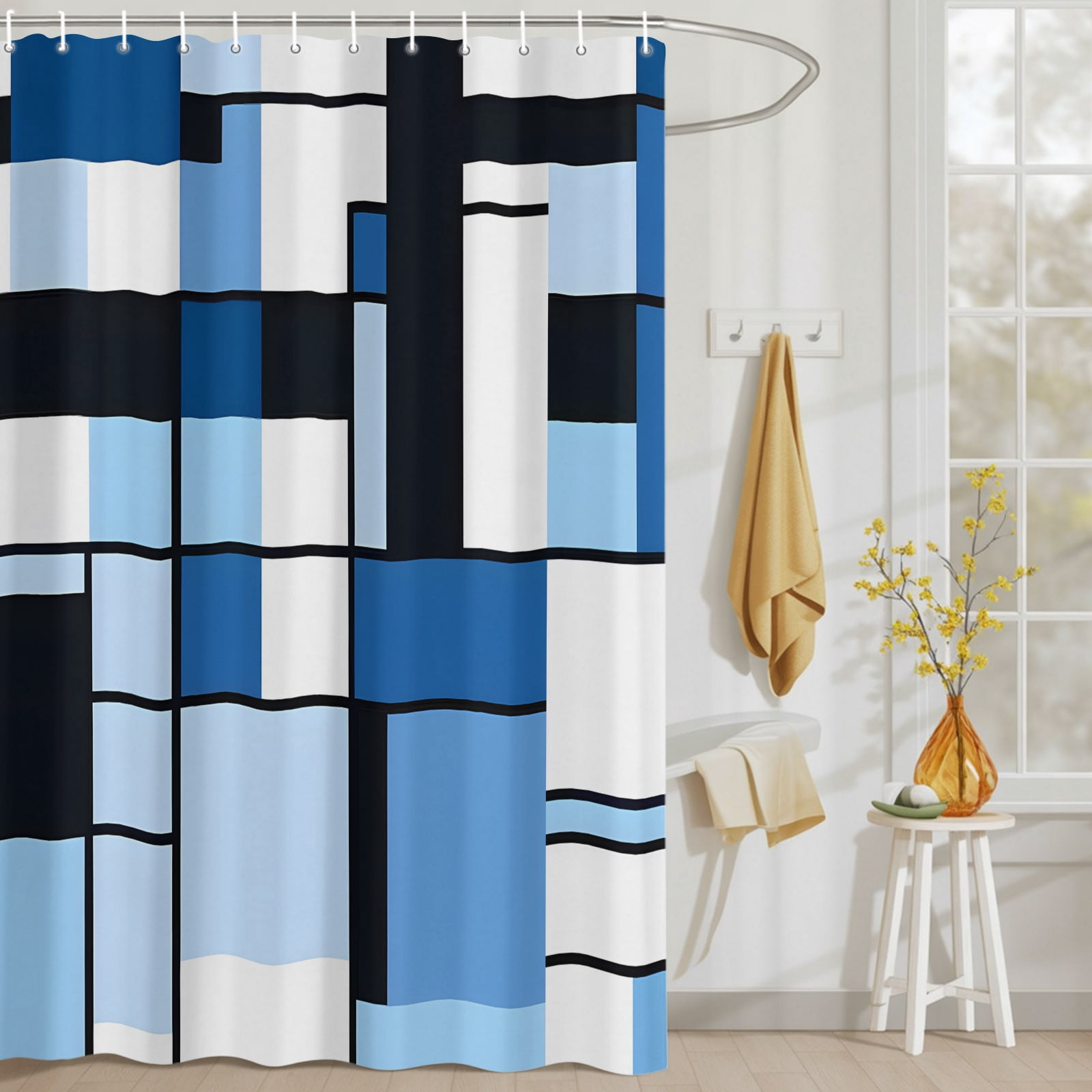Blue Gradient Color Block Shower Curtain Set, Waterproof Shower ...