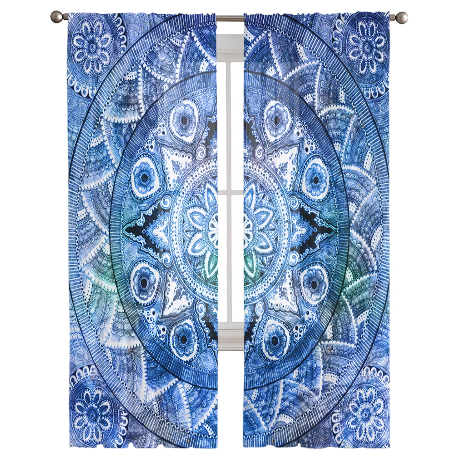 Blue Gradient Datura Pattern Sheer Curtain for Living Room Bedroom ...