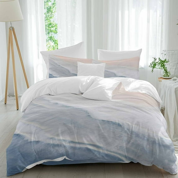 Blue Gradient Duvet Cover Set King Size, Sea Waves Sandy Beach Coastal ...