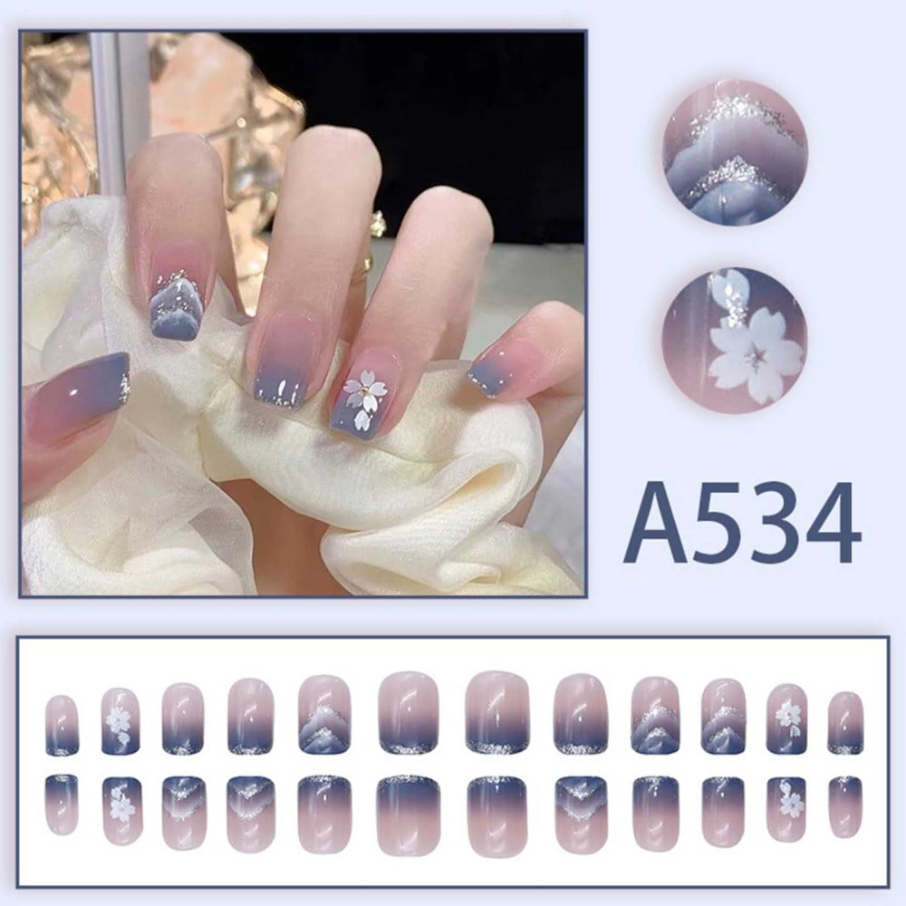 Blue Gradient Flower Fake Nails Full Cover French Style Gradient False ...