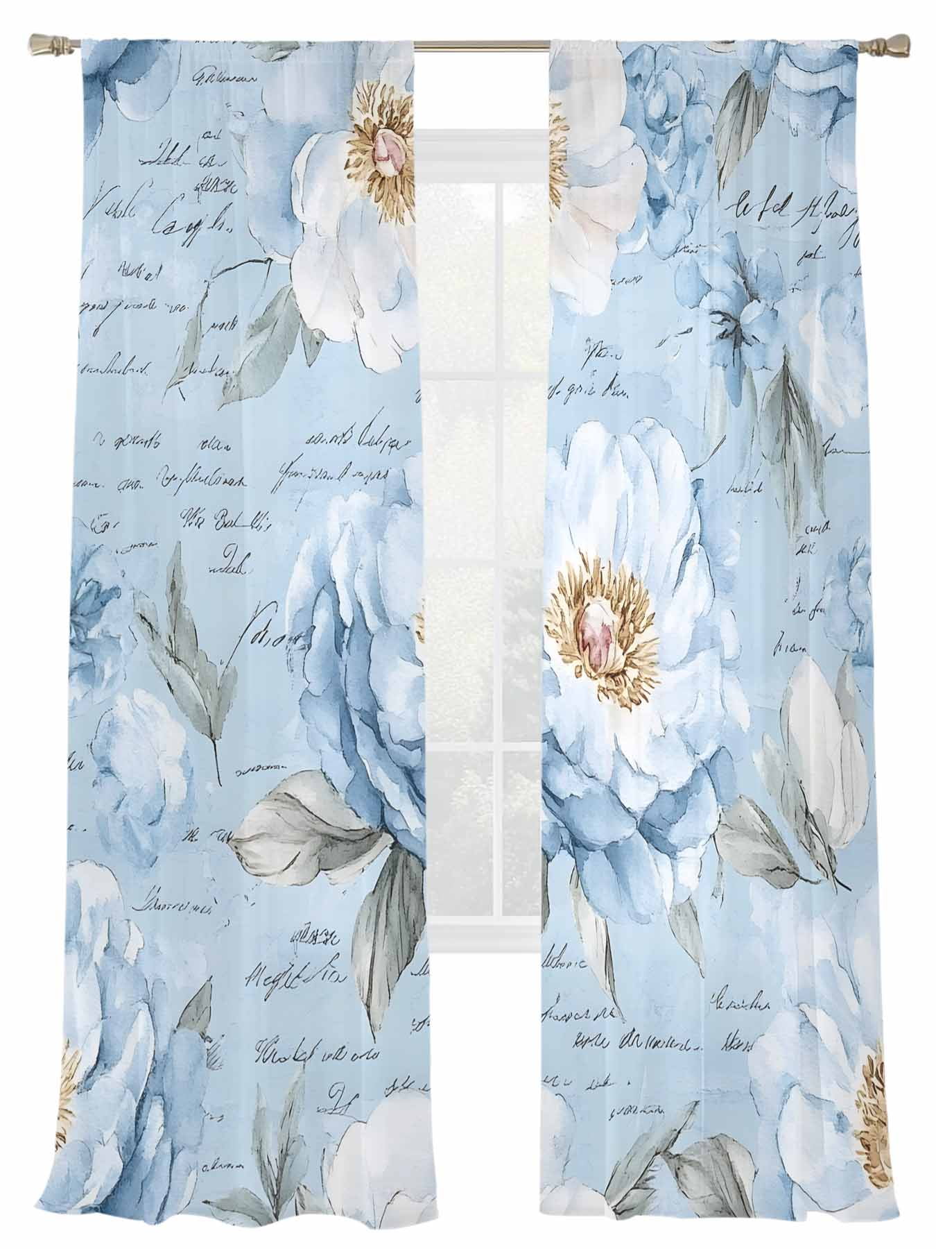 Blue Gradient Flower Sheer Curtains 2 Panels Set Blue Floral Sheer ...