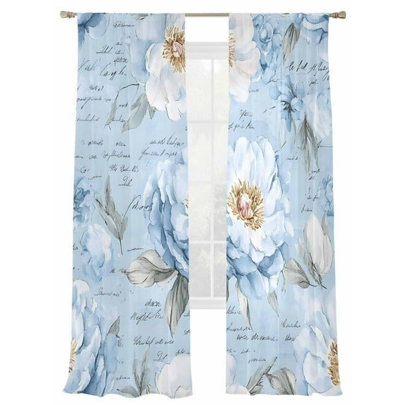 Blue Gradient Flower Sheer Curtains 2 Panels Set Blue Floral Sheer ...