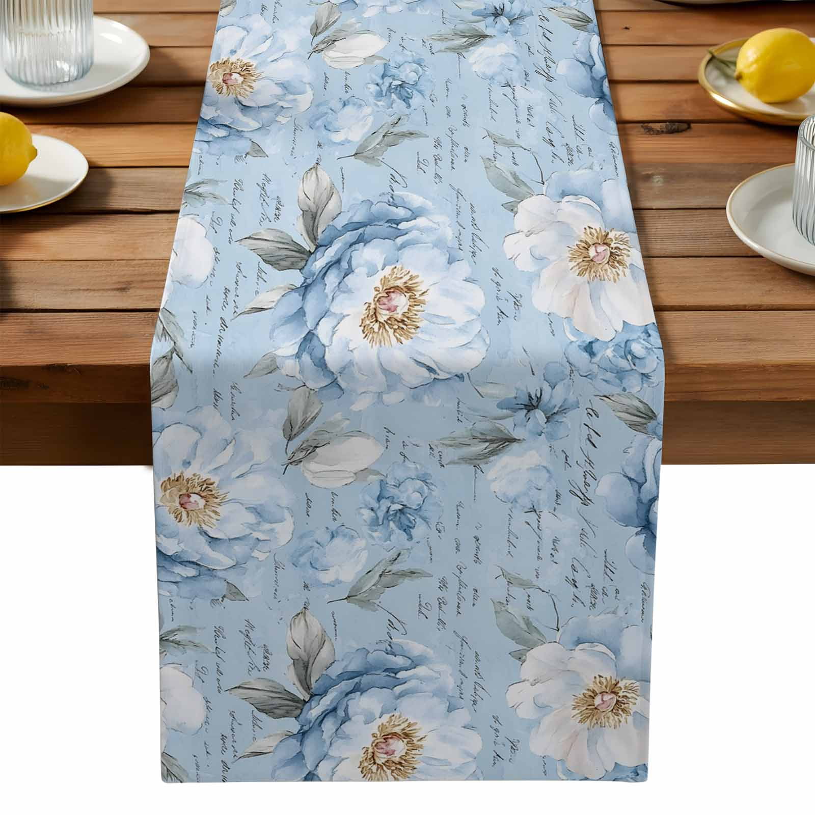 Blue Gradient Flower Table Runner, Blue Floral Kitchen Table Runners ...