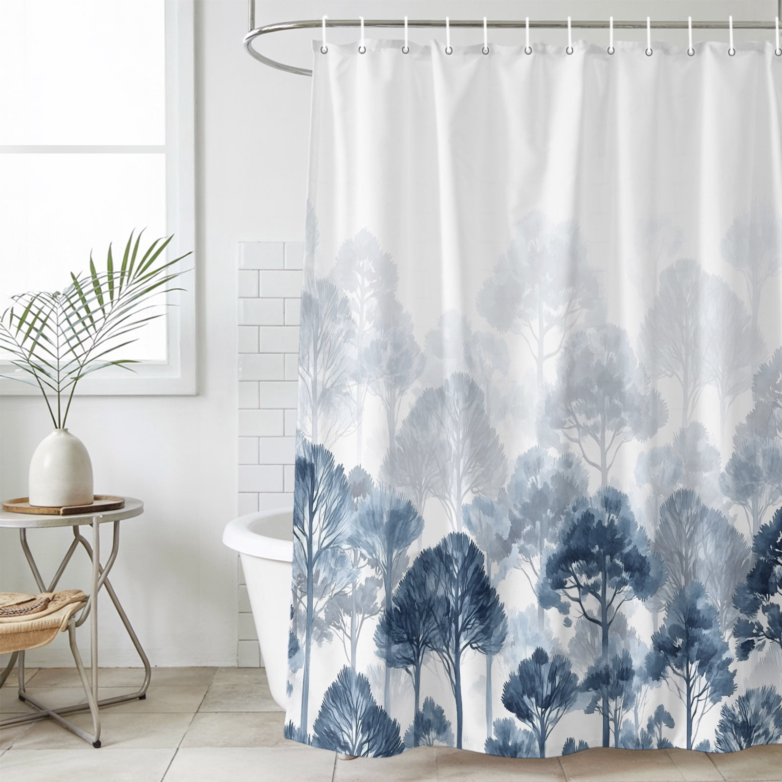 Blue Gradient Forest Tree Shower Curtain Set, Waterproof Shower ...