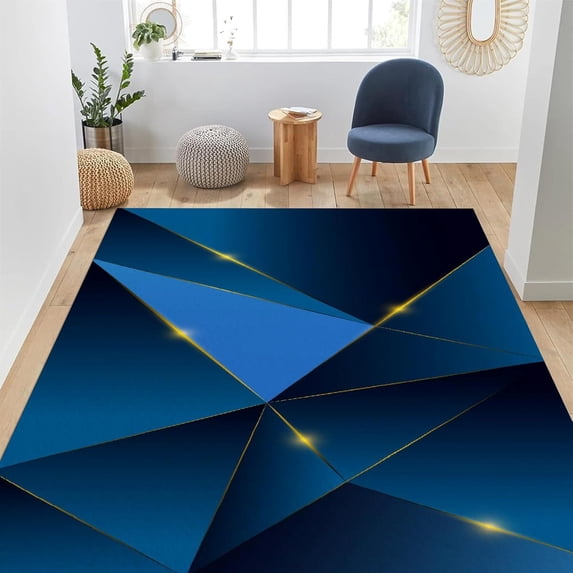 Blue Gradient Geometry Area Rug,Gold Thread Embellishment Theme Non ...