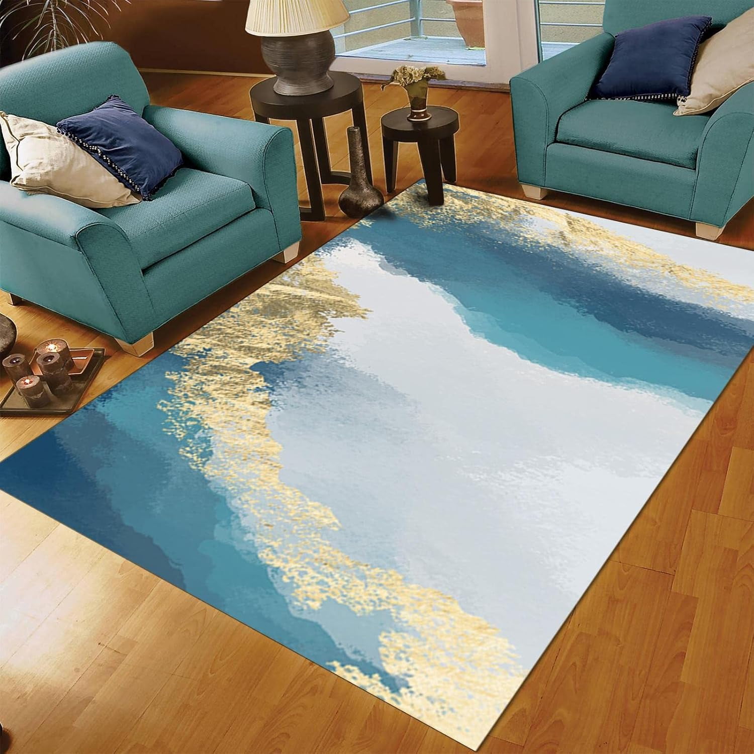 Blue Gradient Gold Foil Rug for Bedroom, Modern Blue Gold Oil Painting ...