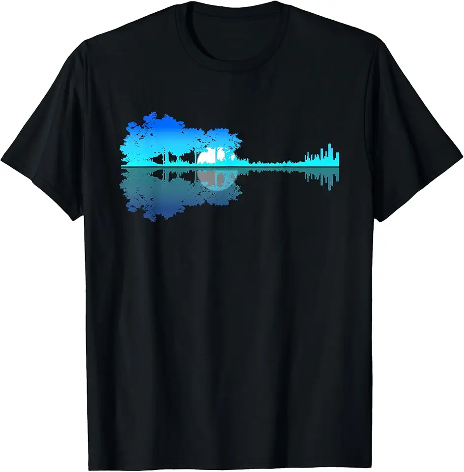 Blue Gradient Guitar Landscape Music Lover Unisex Graphic Summer T ...