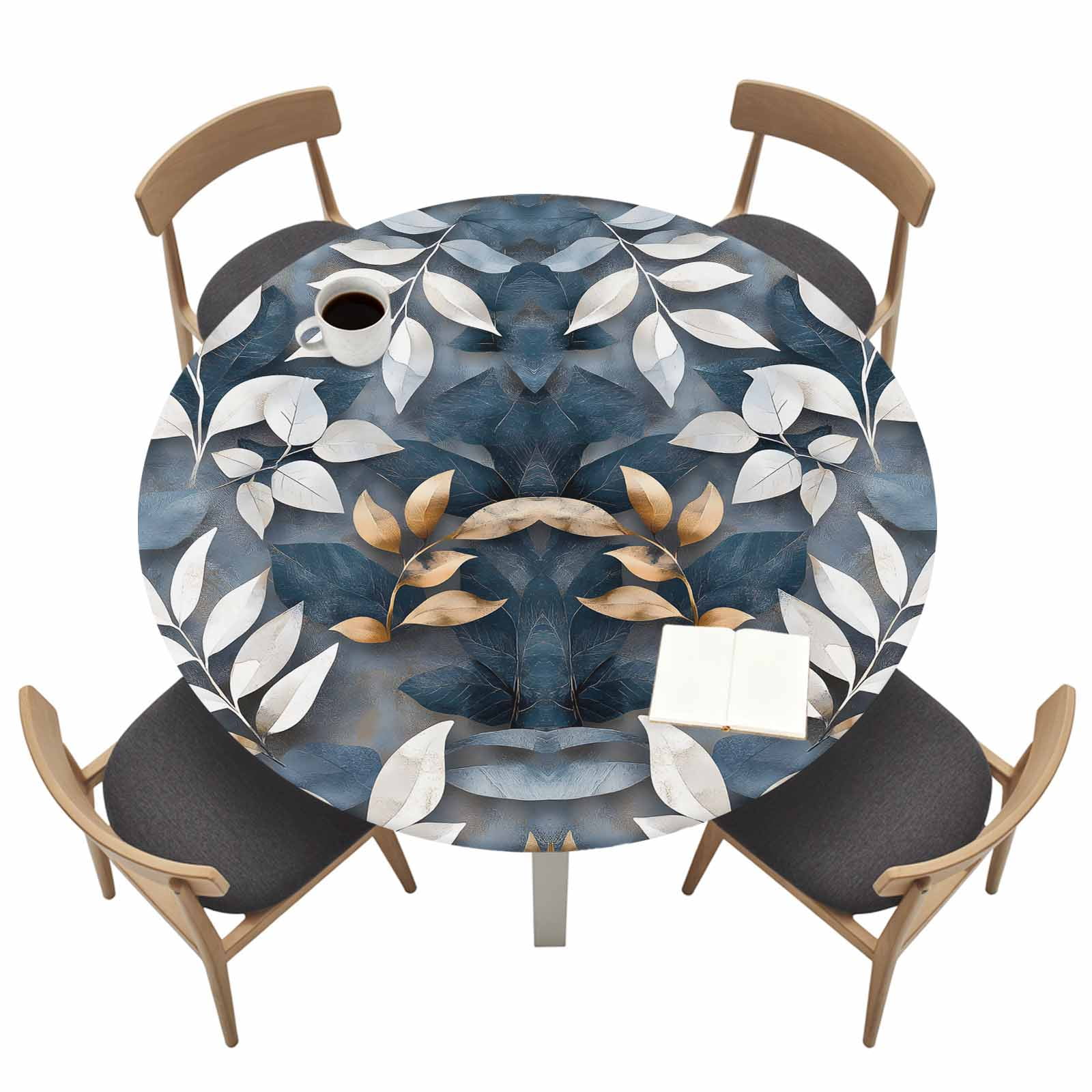 Blue Gradient Leaf Round Fitted Tablecloth with Elastic Edge White ...