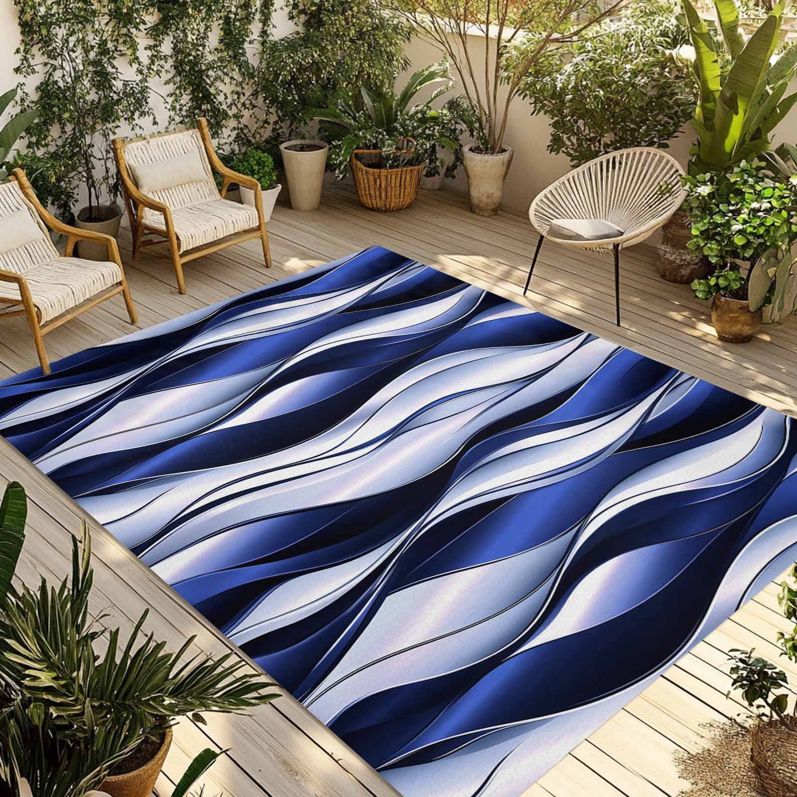 Blue Gradient Line Outdoor Rug, Abstract Twist Non-Slip Area Rugs ...