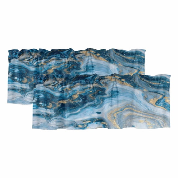 Blue Gradient Marble 2 Panels Kitchen Valance, Abstract Gold Ombre Wave ...