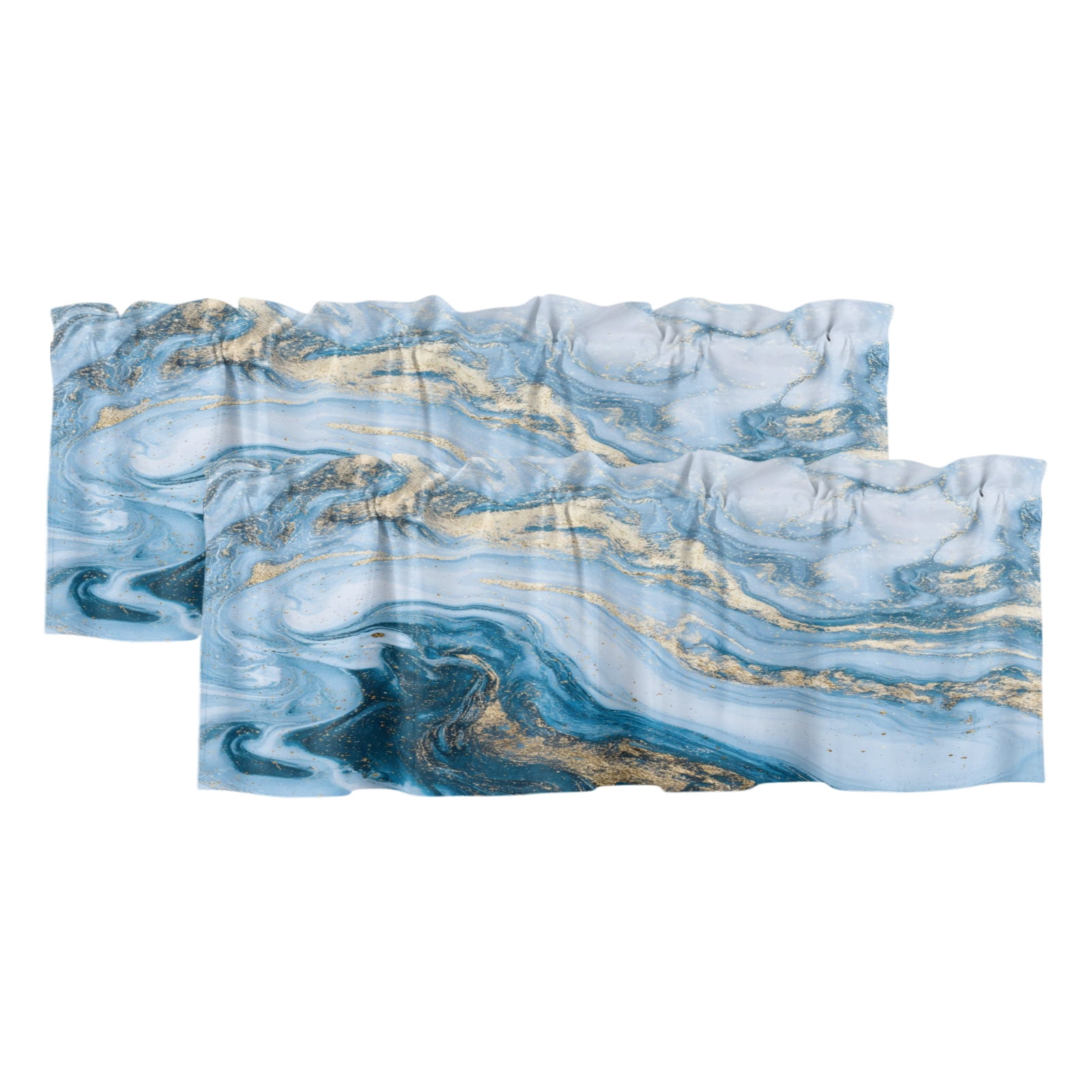 Blue Gradient Marble 2 Panels Kitchen Valance, Abstract Gold White ...