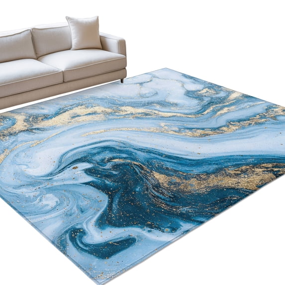 Blue Gradient Marble 5x7ft Non Slip Area Rug Abstract Gold White Ombre ...