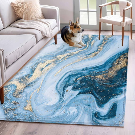 Blue Gradient Marble Area Rugs 3x5 ft Abstract Gold White Ombre Wave ...