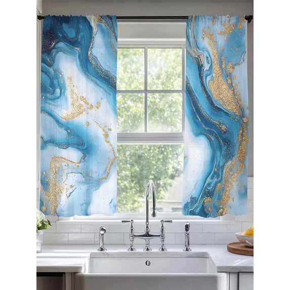 Blue Gradient Marble Gold Foil Chiffon Sheer Curtains 72 Inches Long ...