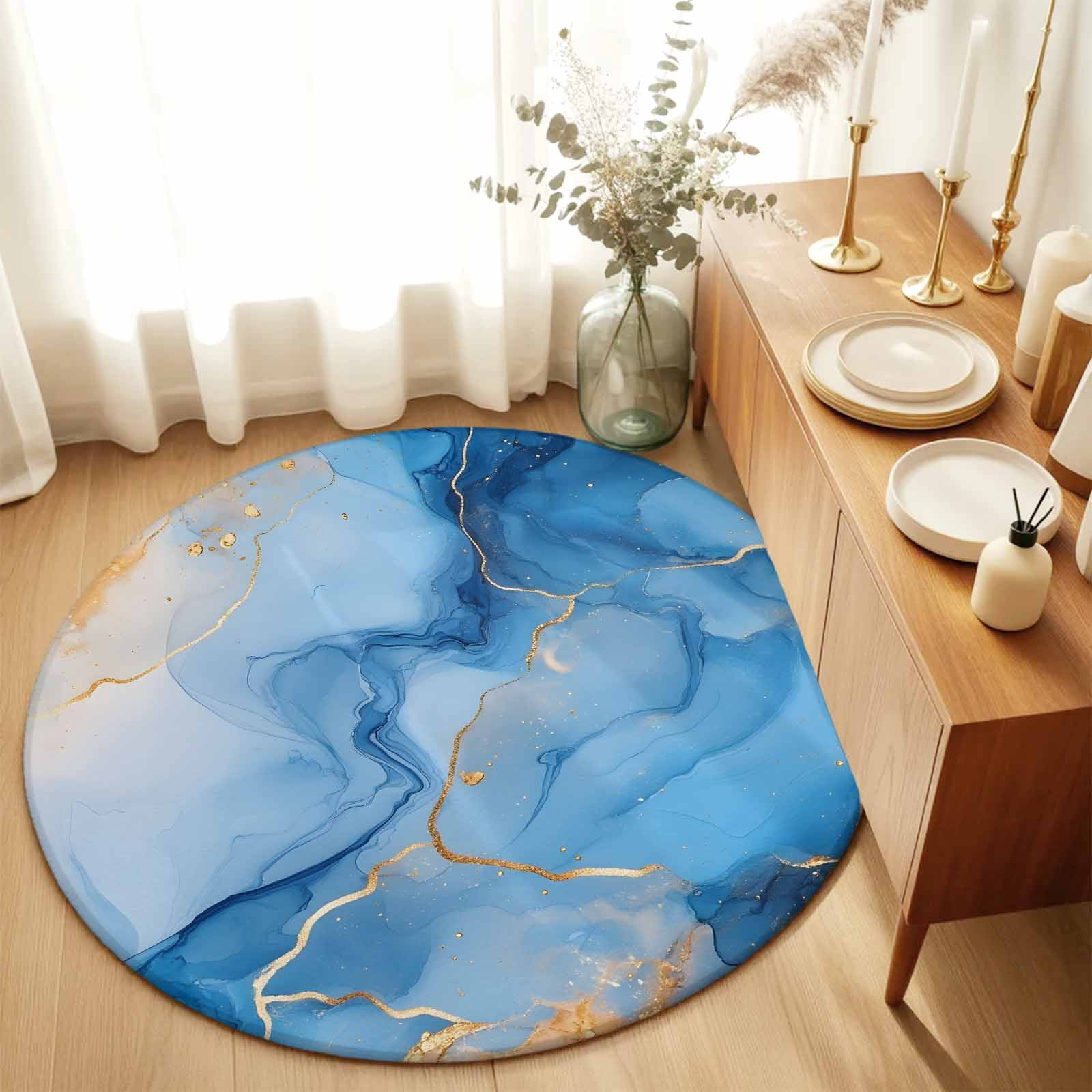 Blue Gradient Marble Gold Foil Round Area Rug 3ft,Living Room Rug Non ...