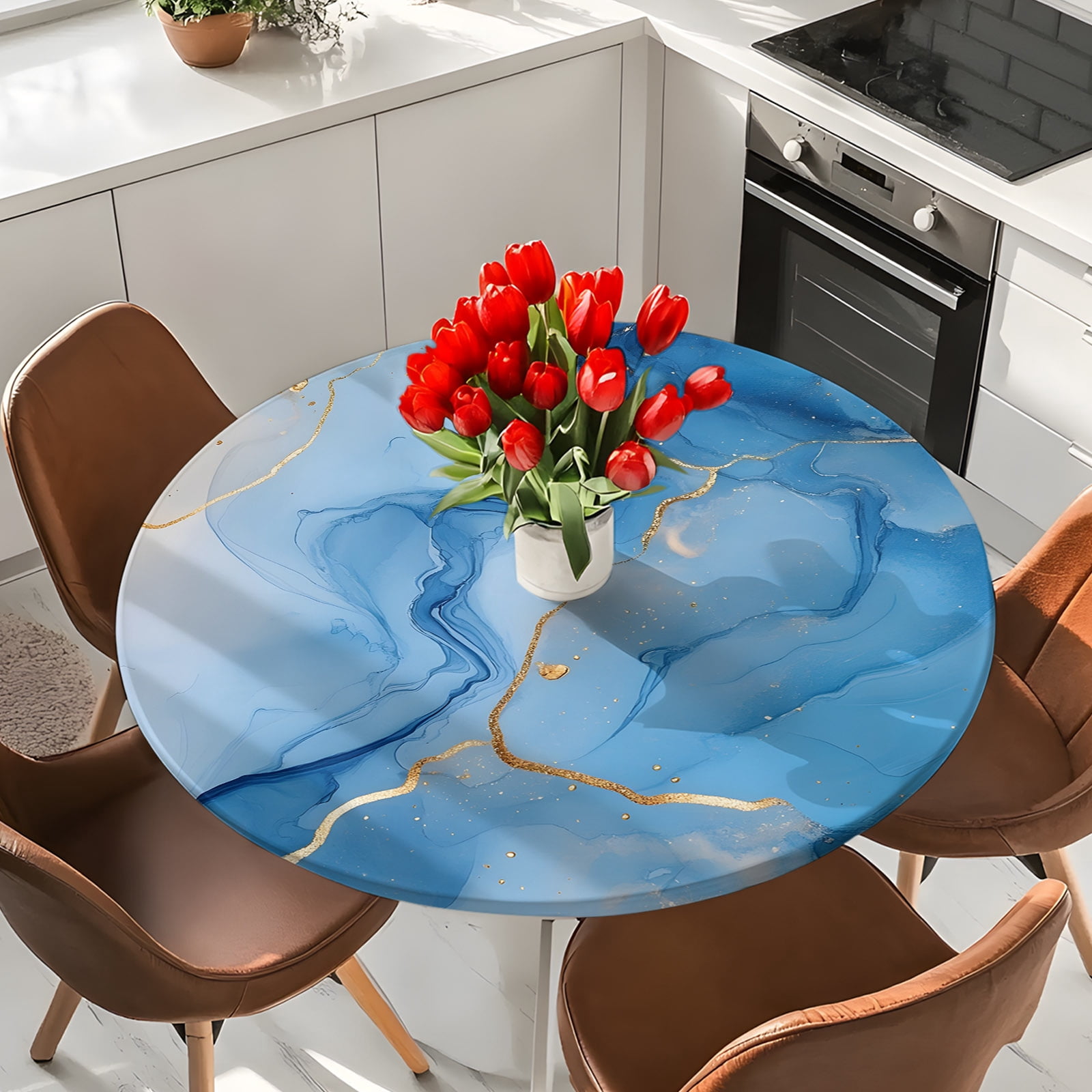 Blue Gradient Marble Gold Foil Round Fitted Tablecloth with Elastic ...