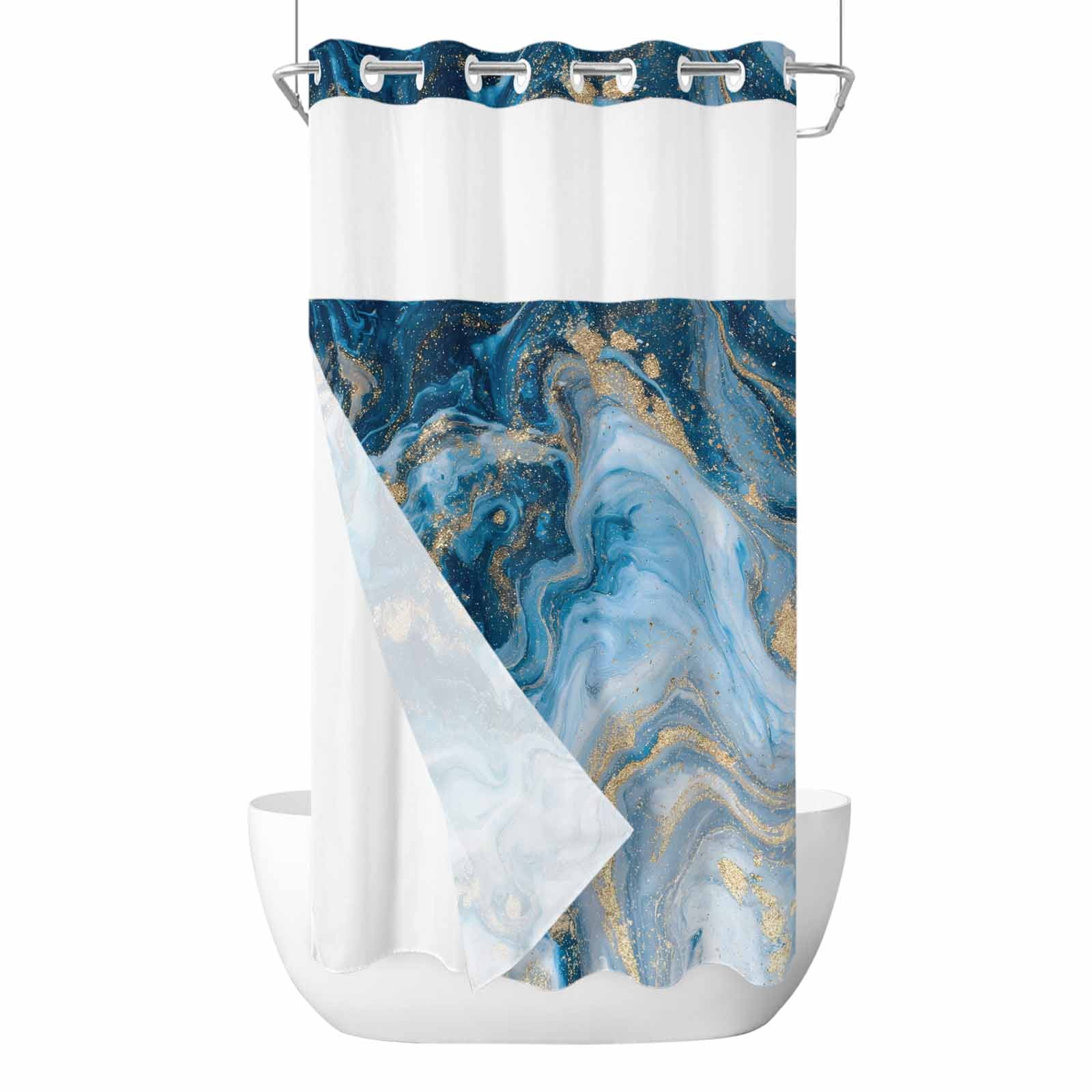 Blue Gradient Marble No Hook Shower Curtain and Snap in Liner Set ...