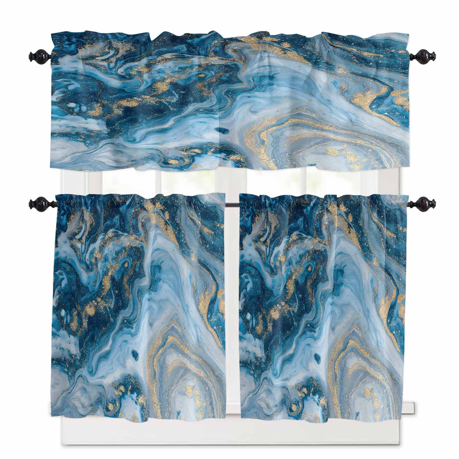 Blue Gradient Marble Kitchen Curtains Valance and Tier Set Abstract ...