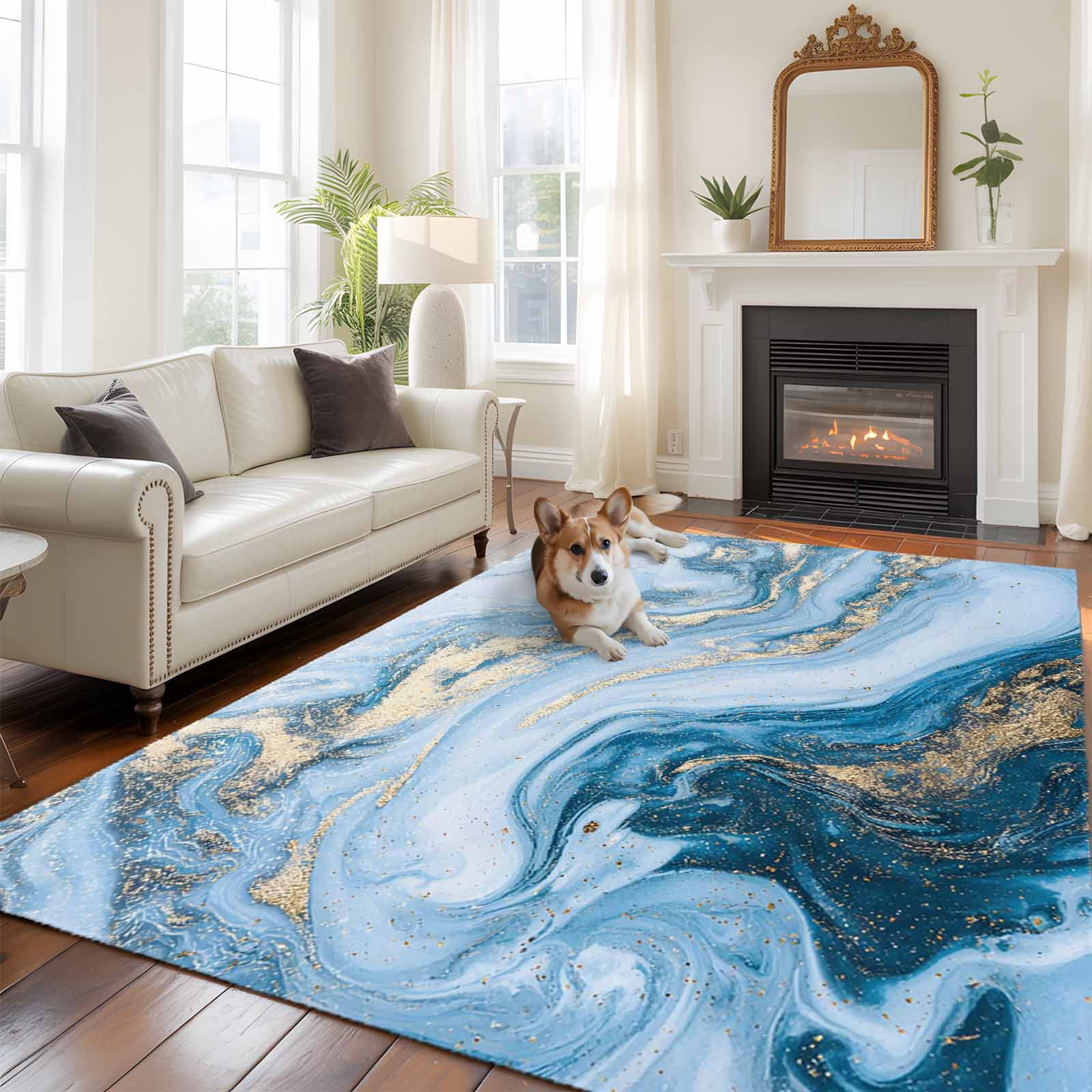 Blue Gradient Marble Large Area Rugs 8x10 ft Abstract Gold White Ombre ...