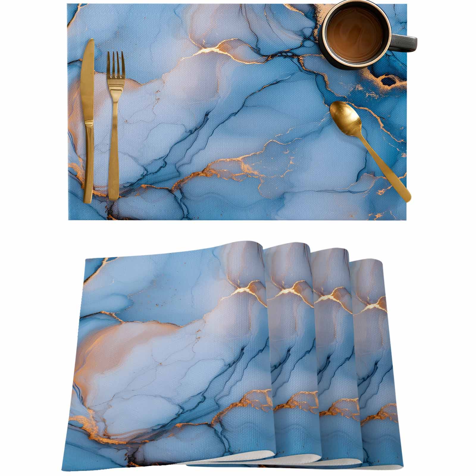 Blue Gradient Marble Placemats Set of 4,Wipeable Washable Table Mats ...