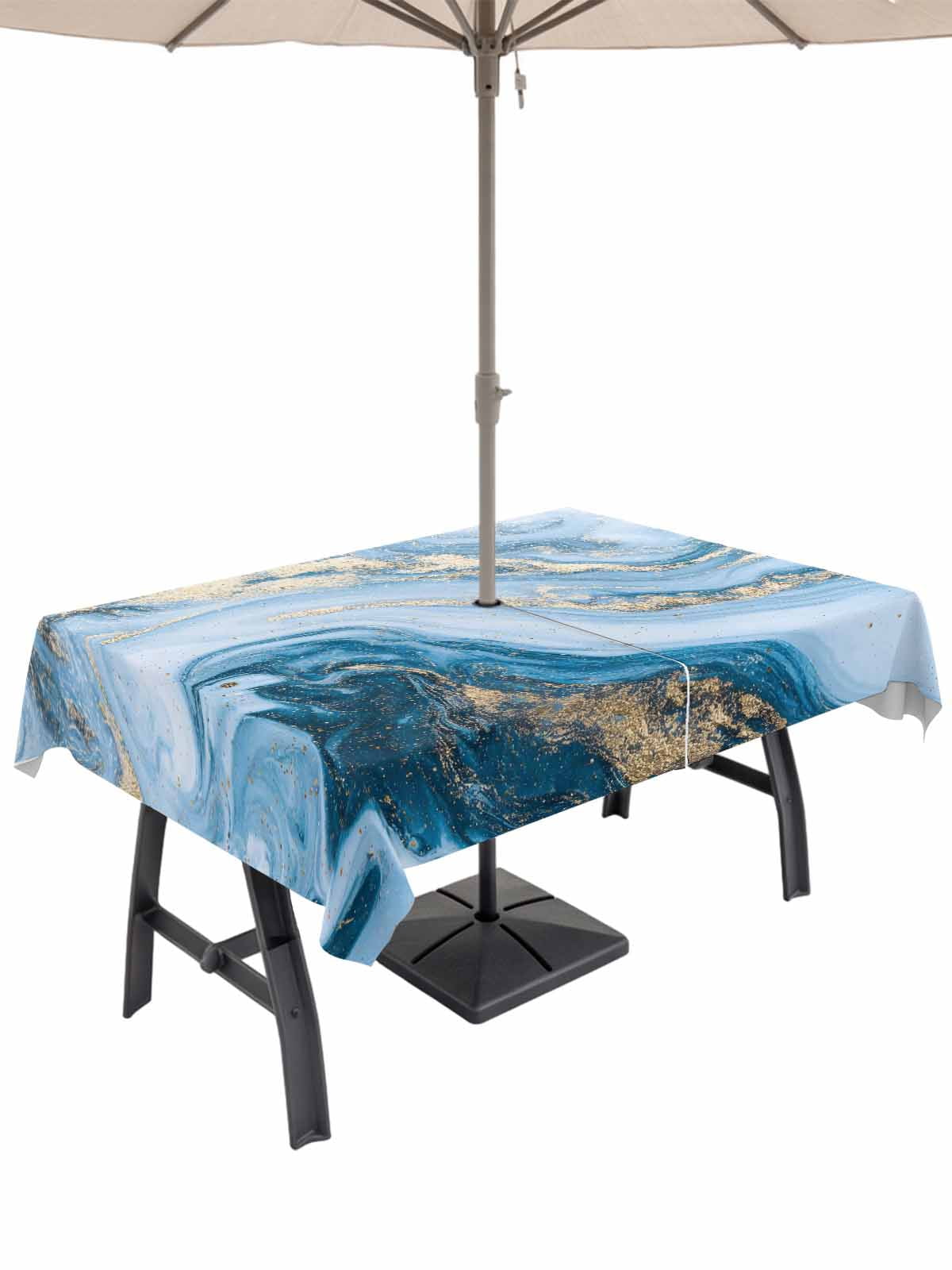 Blue Gradient Marble Rectangle Outdoor Tablecloth with Umbrella Hole ...