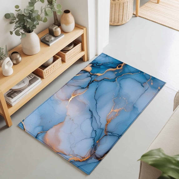 Blue Gradient Marble Rectangle Rug 2'x3' Gold Foil Abstract Stripes ...