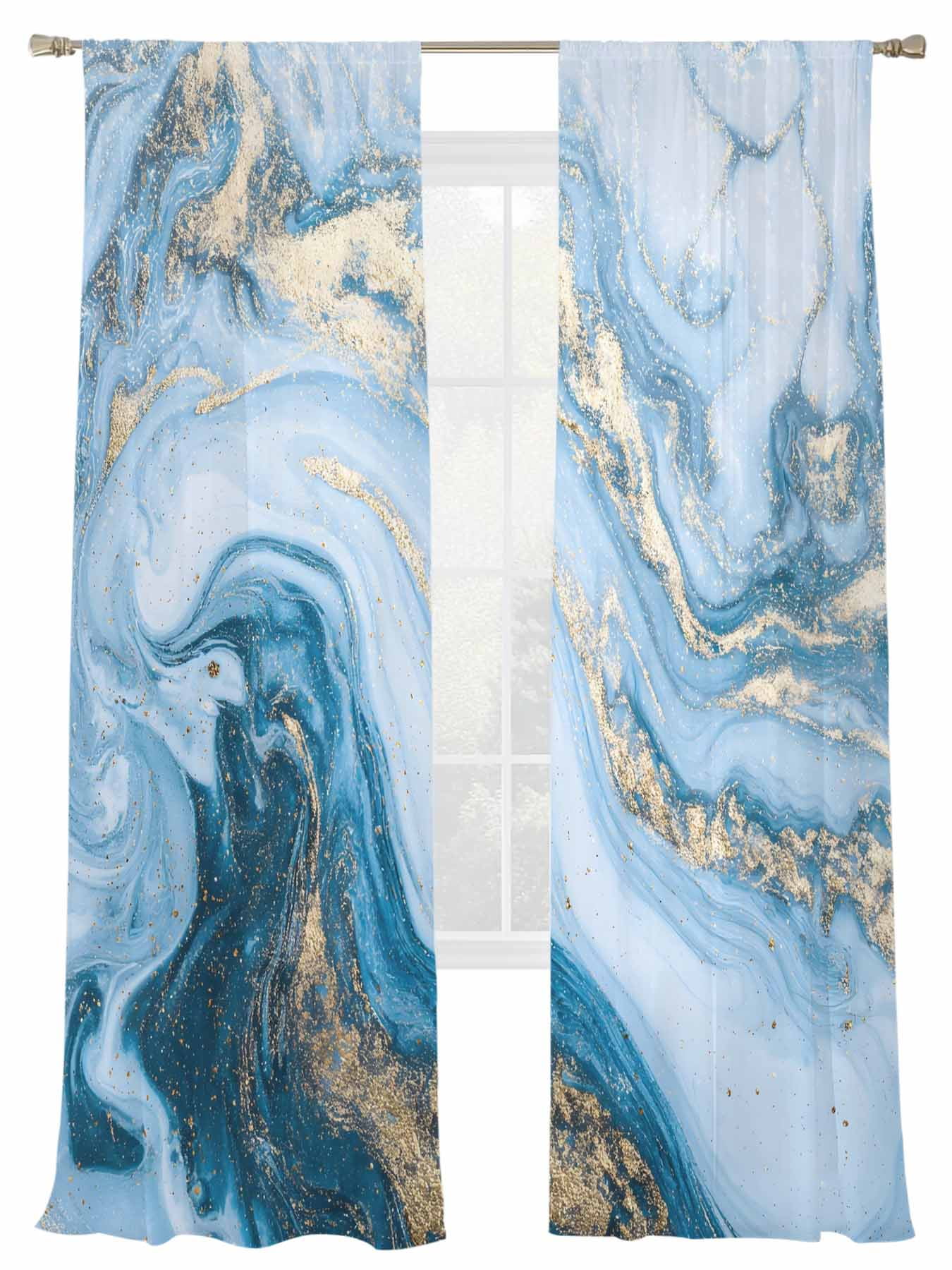 Blue Gradient Marble Sheer Curtains for Living Room Bedroom, Light ...