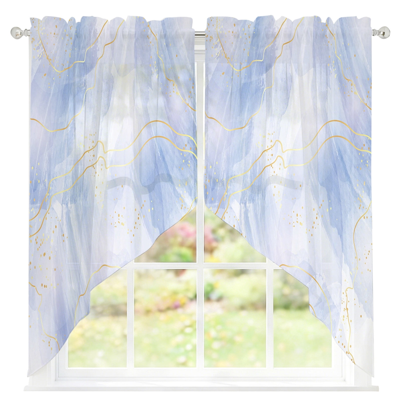Blue Gradient Marble Sheer Curtains Swag Valances for Windows Golden ...
