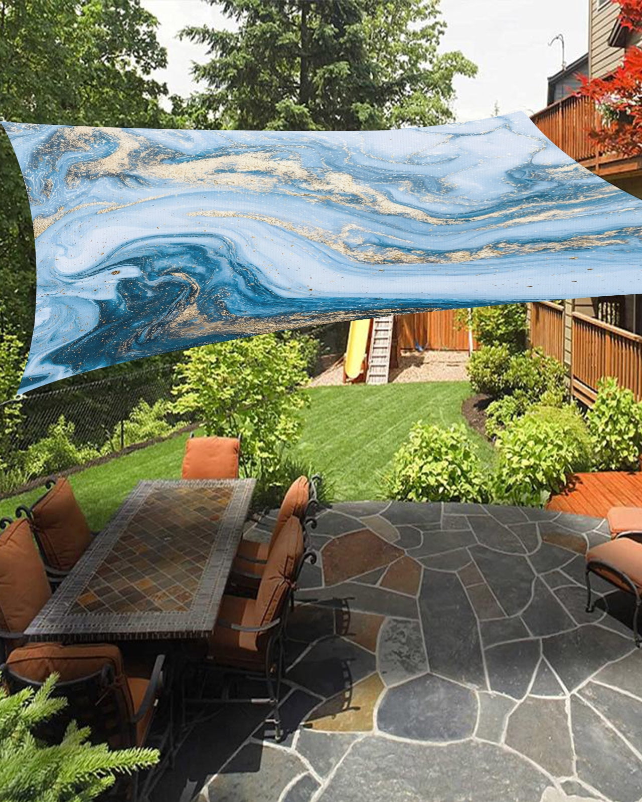 Blue Gradient Marble Sun Shade Sail 12'X16' Abstract Gold White Ombre ...