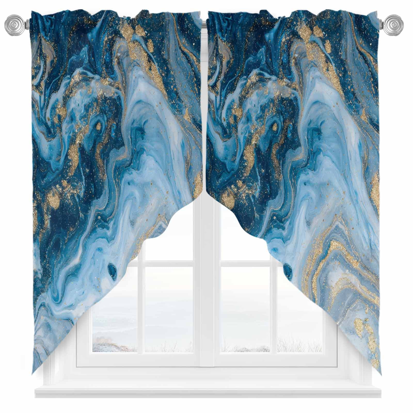 Blue Gradient Marble Swag Kitchen Curtain Valances, Abstract Gold Ombre ...